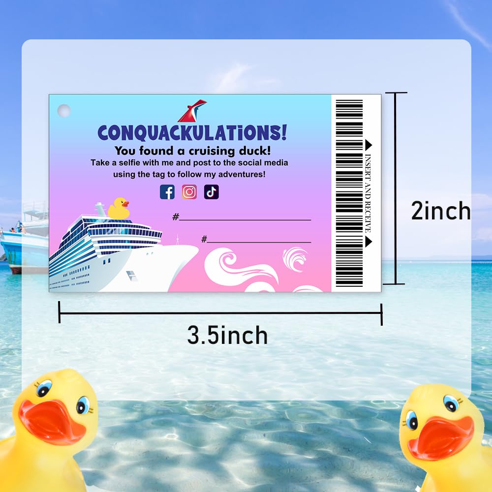 Cruising Rubber Duck Tags, Duck Tags, Carnival Cruising Line Gold Sailing Card, Duck Duck Tags, Ducking Game Cards, 50 Pack, 3.5 x 2 inches, with Hole and Rubber Bands (Cruise Tags 7FDC223)