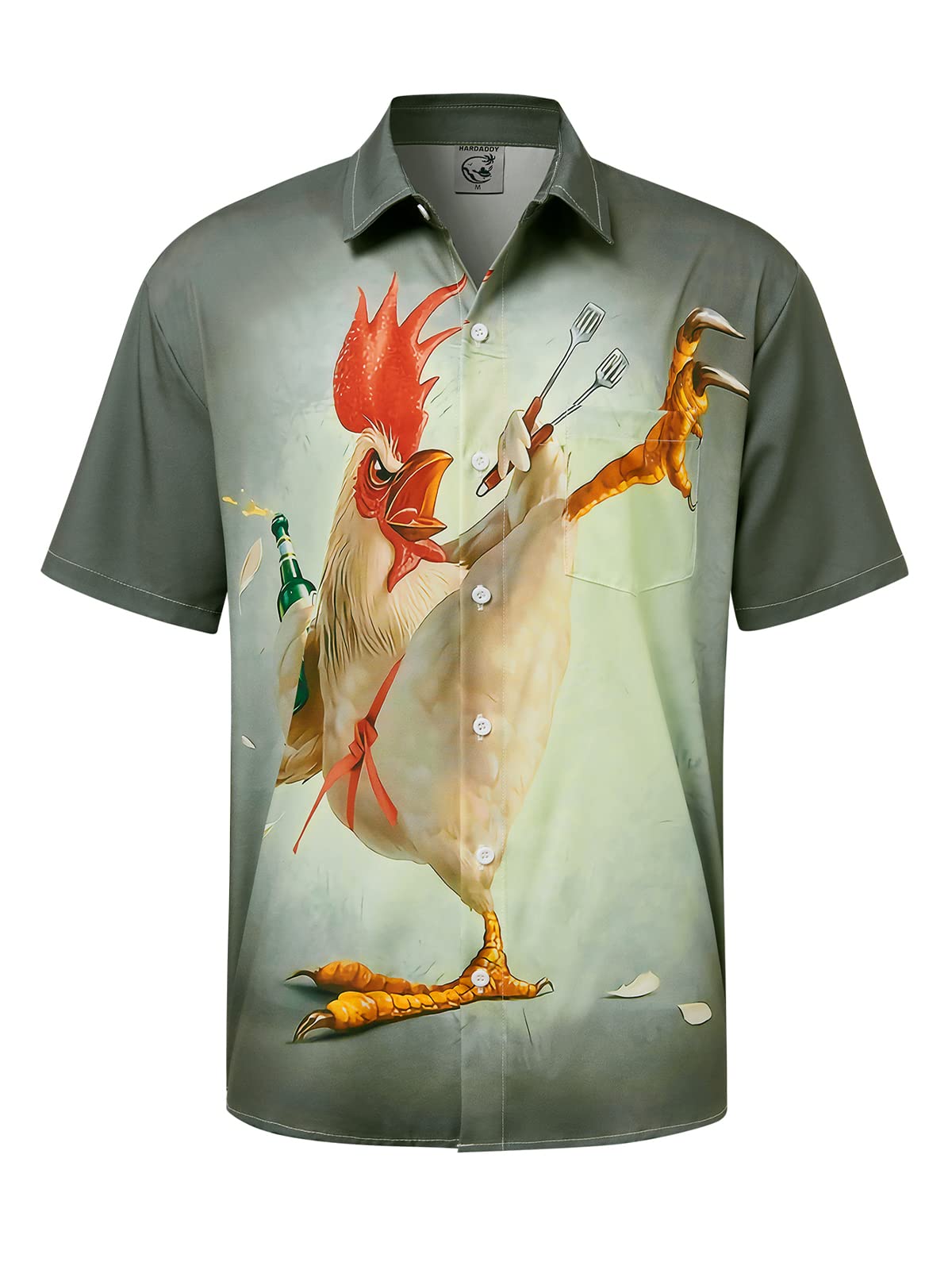 Hardaddy Men's Gongfu Rooster Chest Pocket Printed Short Sleeve Button Down Summer Casual Shirt Gray XXL
