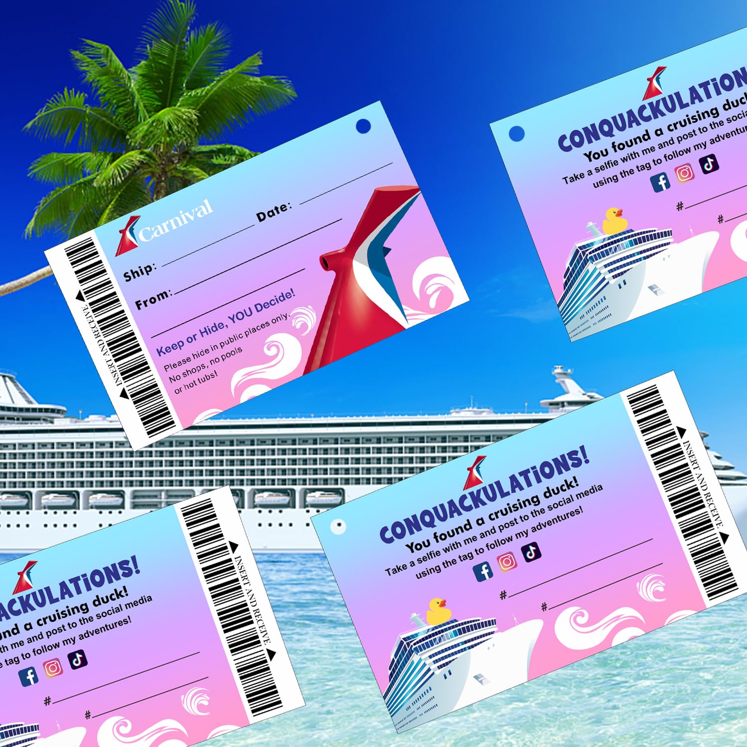 Cruising Rubber Duck Tags, Duck Tags, Carnival Cruising Line Gold Sailing Card, Duck Duck Tags, Ducking Game Cards, 50 Pack, 3.5 x 2 inches, with Hole and Rubber Bands (Cruise Tags 7FDC223)
