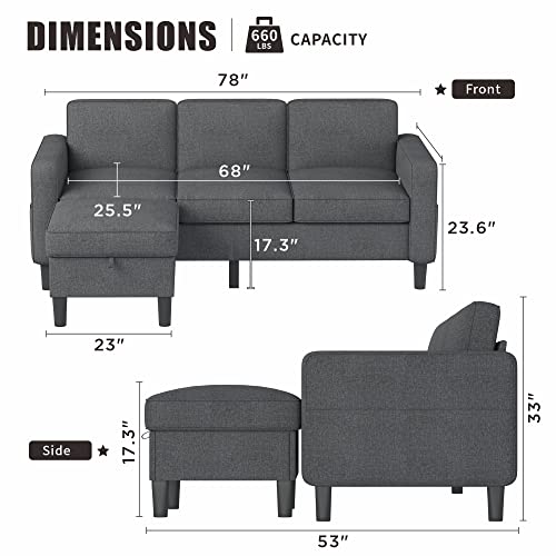 Sectional Sofa Couch Convertible L-Shaped Couches with Storage Ottoman Dark Grey 3 Seater Modern Linen Fabric Futon Sleeper Furniture Set for Living Room Apartment Loft Small Spaces