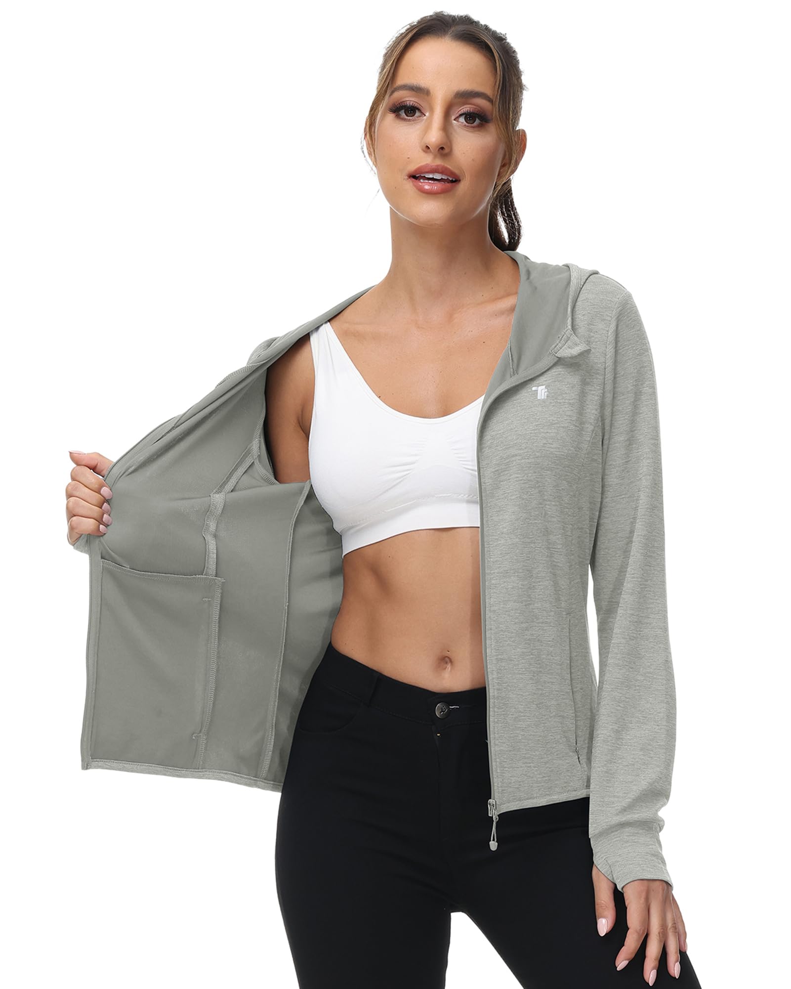 BASUDAM Women's Hiking Shirts Lightweight UPF 50+ Sun Protection Open Zippered Outdoor Hoodie Jackets Silver Gray XL