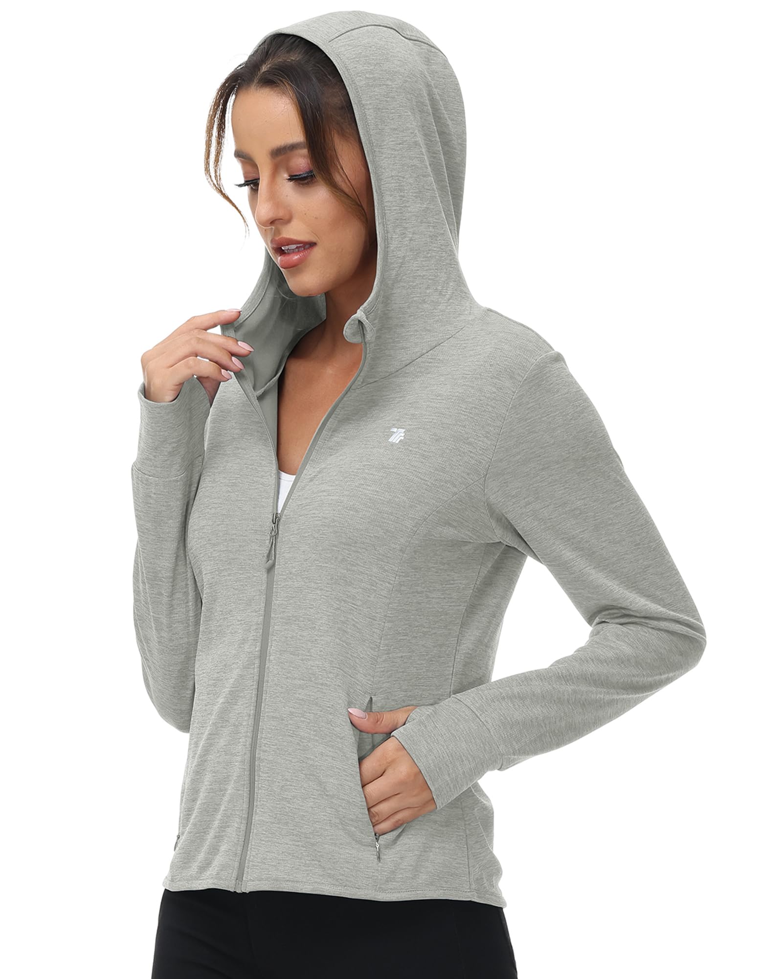 BASUDAM Women's Hiking Shirts Lightweight UPF 50+ Sun Protection Open Zippered Outdoor Hoodie Jackets Silver Gray XL