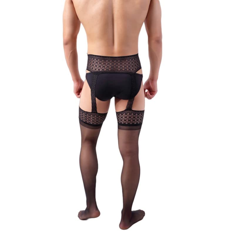 Mens Lingerie Suspender Pantyhose Lace Top Garter Belt Thigh Stocking Black One Size