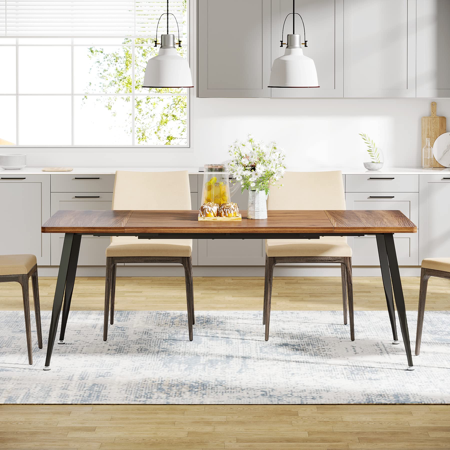 LITTLE TREE 70.9 Inch Large Rectangular Dining Table Kitchen Furniture,Brown+Black