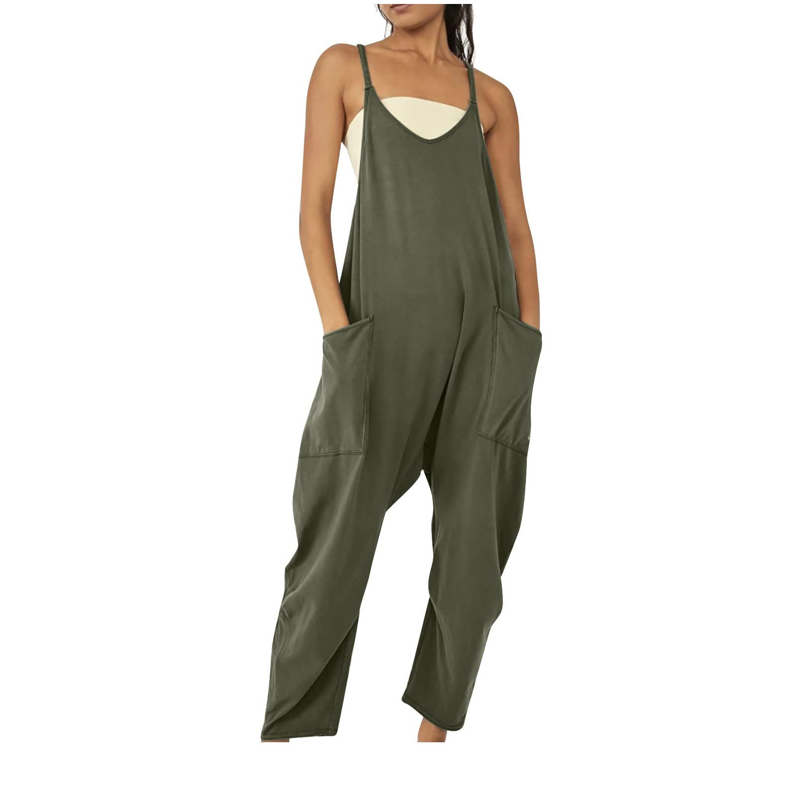 Womens Summer Rompers Jumpsuit Dressy Casual Loose Sleeveless Spaghetti Strap Stretchy Wide Leg Long Pant Romper With Pockets 2023