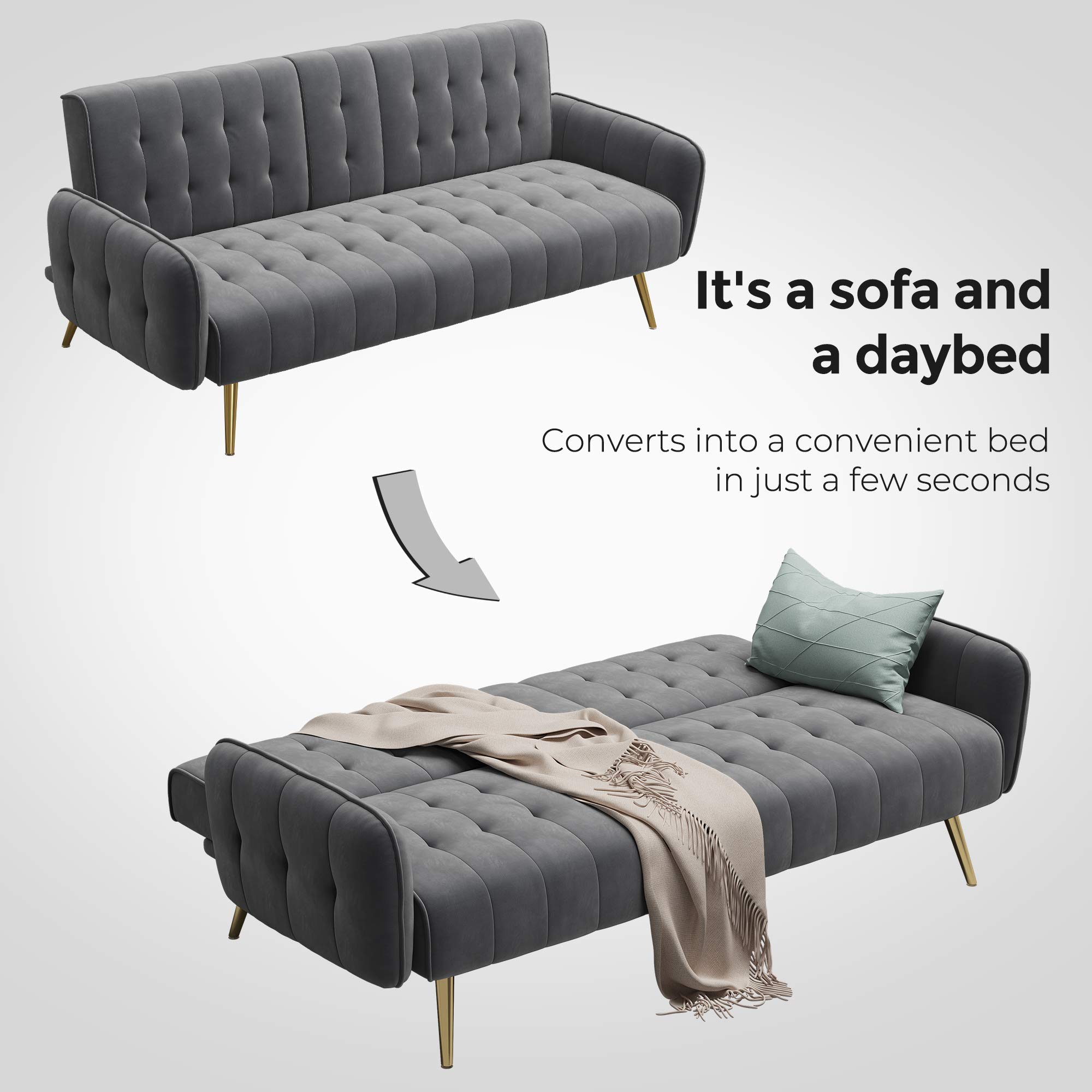 Sofa Bed, Convertible Couch with 2 Cup Holders and Removable Armrests, for Compact Living Space Apartment Dorm Office, 72 x 33.9 x 30.7 Inches, Gray