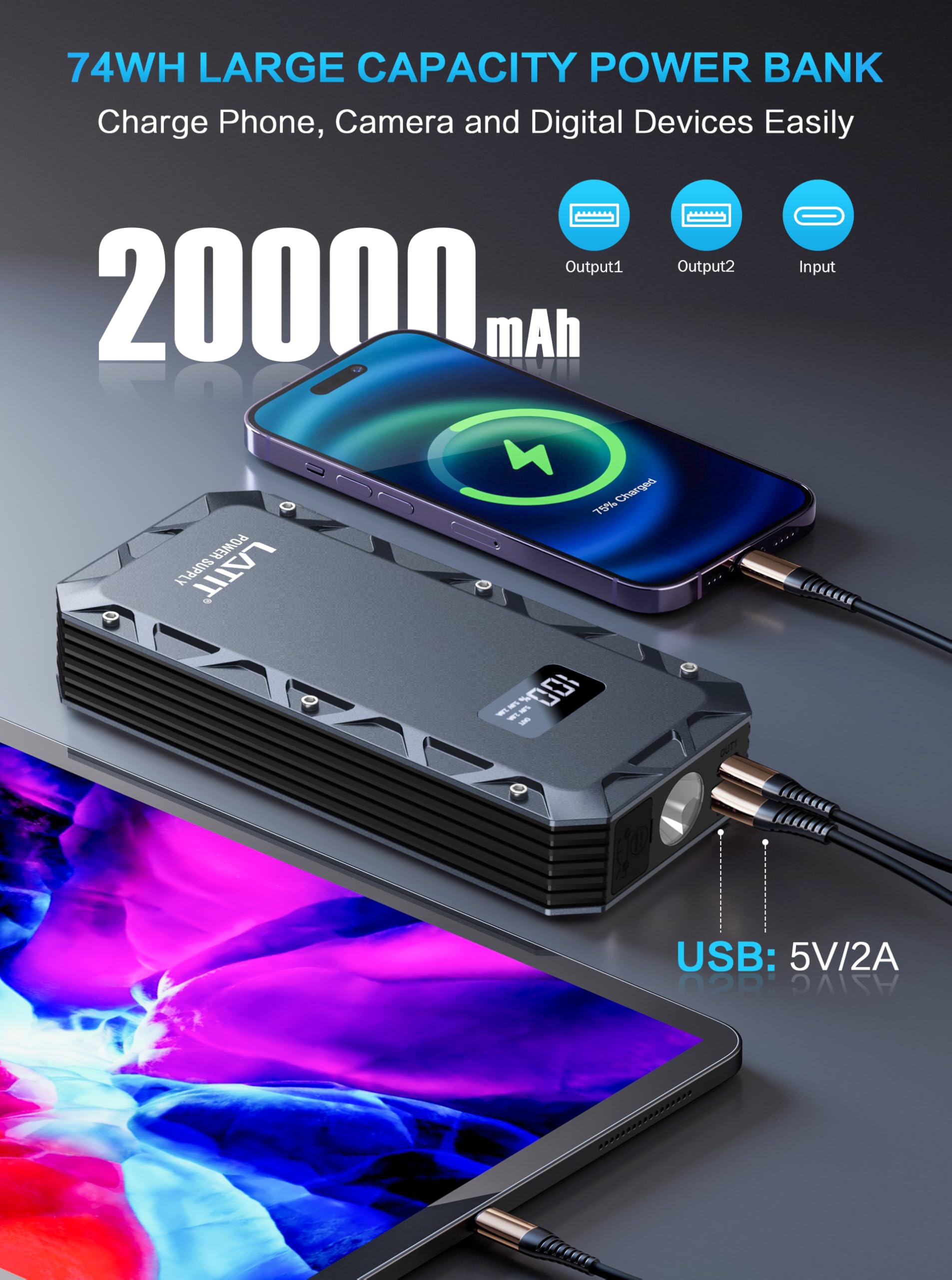 LATIT 2000A Peak Car Jump Starter, 20000mAh 12V Booster Pack Jump Starter for Up to 7.5L Gas/6.5L Diesel Engine, Powerful Jump Starter Battery Pack with Smart Jumper Cable, LED Light and LCD Display