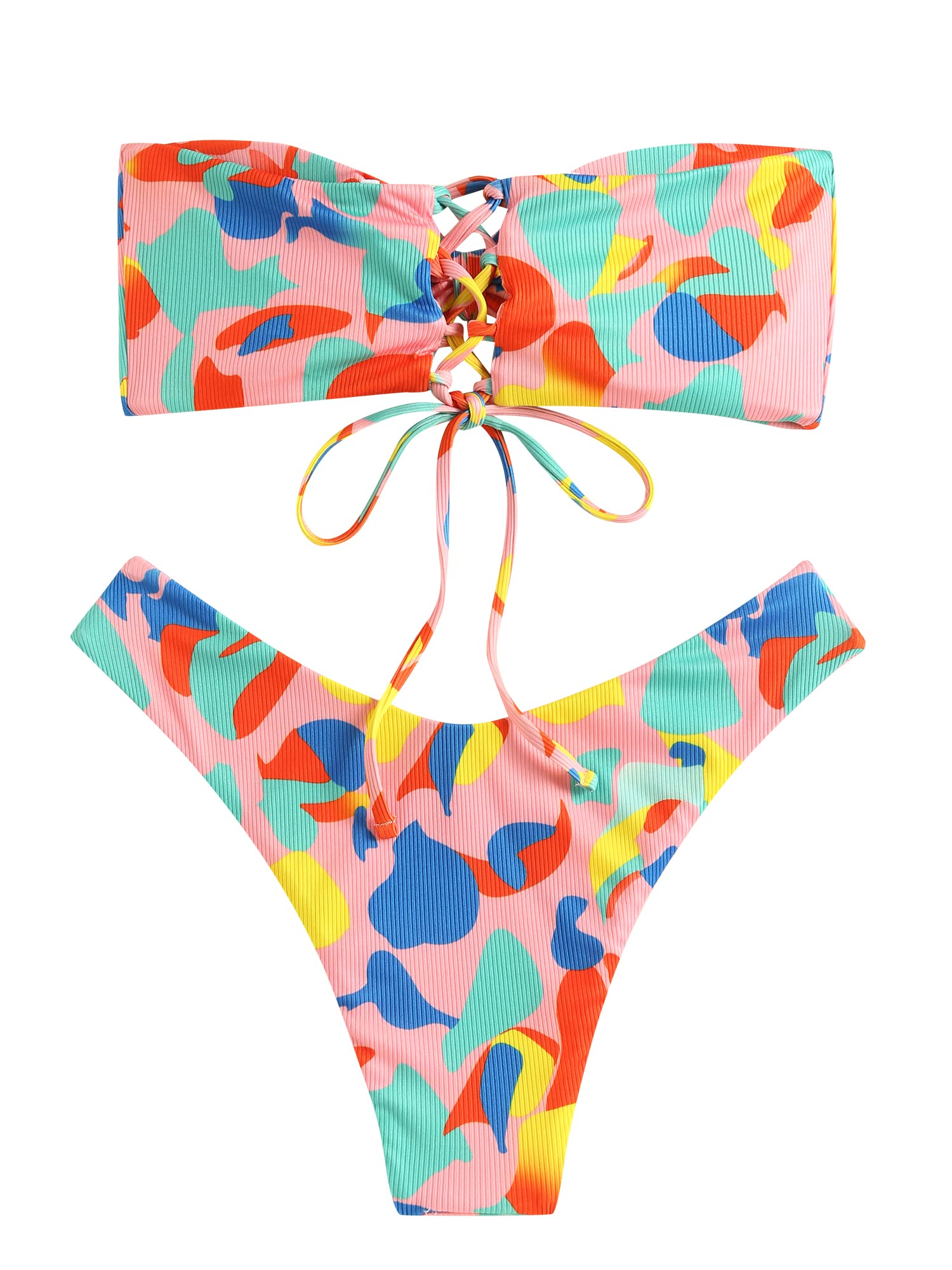 ZAFUL Knotted Bandeau Bikini for Women Strapless Swimsuits High Cut Bathing Suit Sexy 2 Piece Swimwear Pink Print M