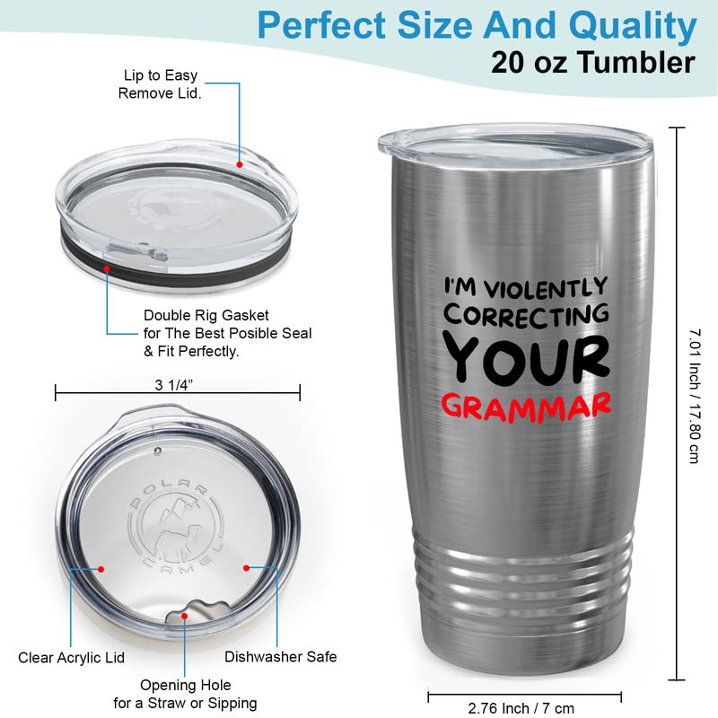 English Teacher Silver Edition Viking Tumbler 20oz - I'm violently correcting - English Teacher Commas Save Jokes School Punctuation Synonym Writing Linguistic