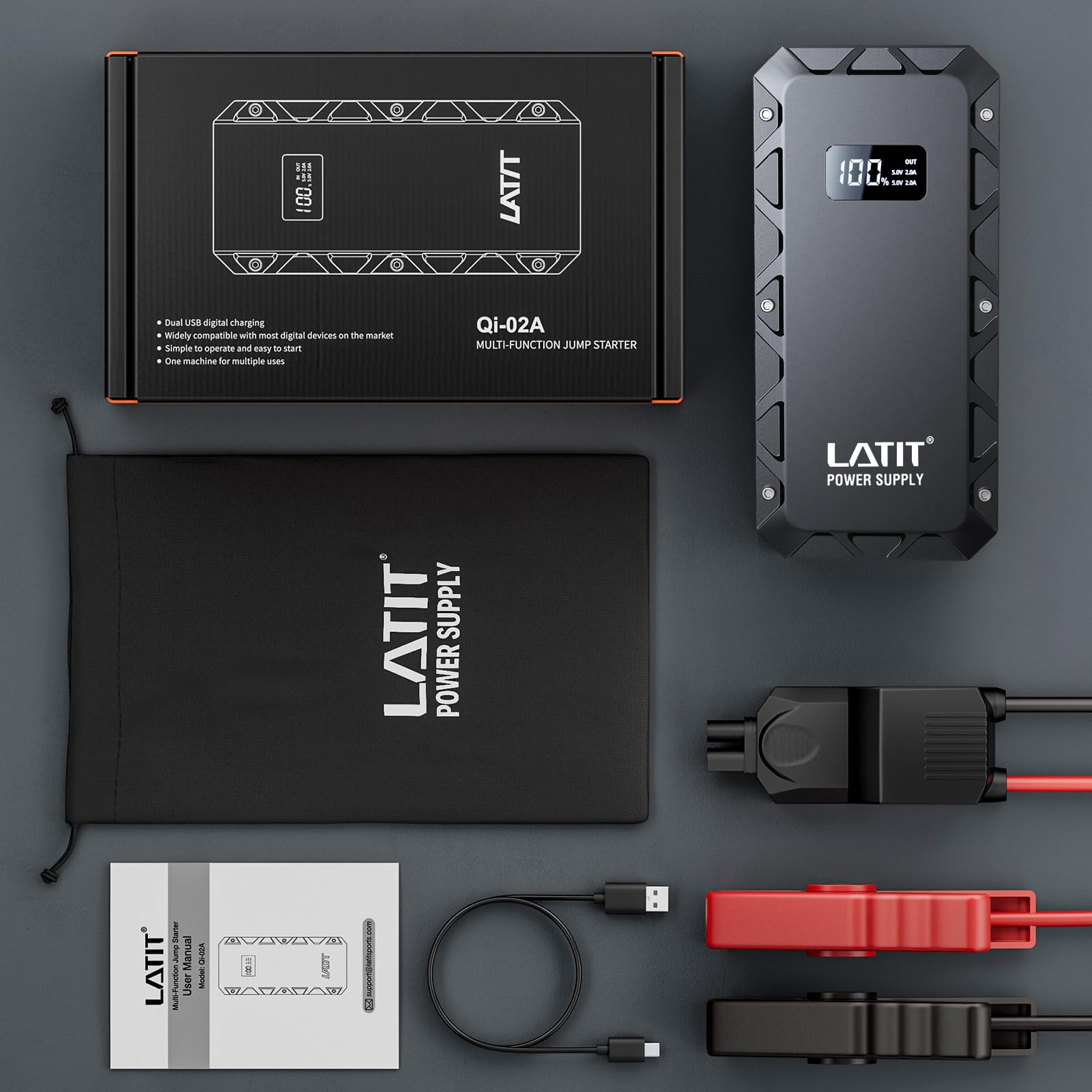 LATIT 2000A Peak Car Jump Starter, 20000mAh 12V Booster Pack Jump Starter for Up to 7.5L Gas/6.5L Diesel Engine, Powerful Jump Starter Battery Pack with Smart Jumper Cable, LED Light and LCD Display