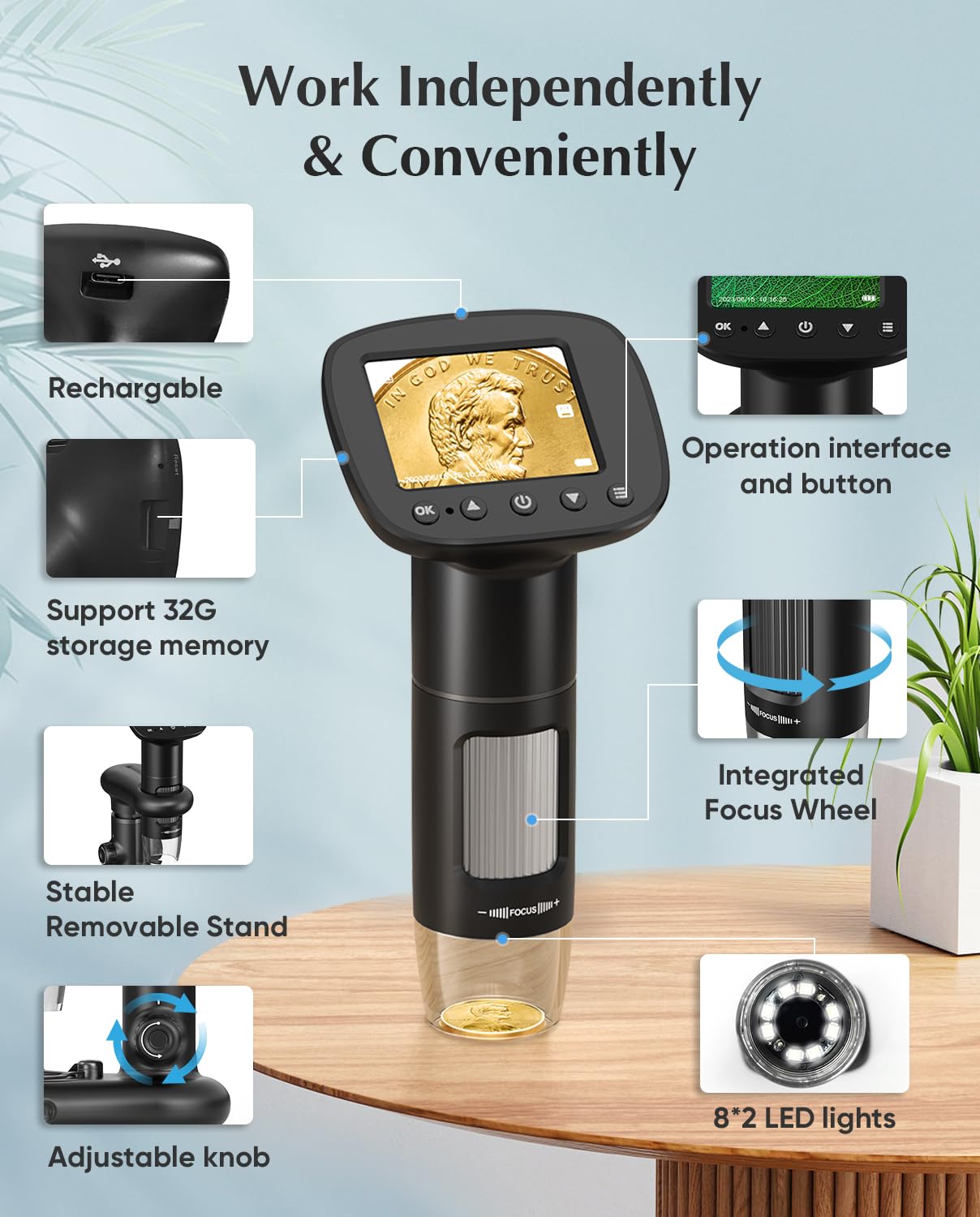 Sagefidere Handheld Digital Microscope with 2" LCD Screen,1000X Pocket Microscope for Kids with 8 LED Lights,Portable Microscope for Adults with Stand 32GB Memory Card