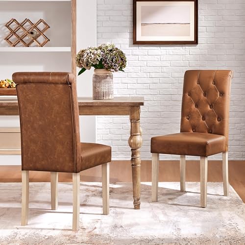 Yaheetech Upholstered Parsons Dining Chairs Set of 6, Faux Leather Button Tufted Chairs with High Back & Padded Seat & Solid Wood Legs for Kitchen Living Room Lounge, Retro Brown