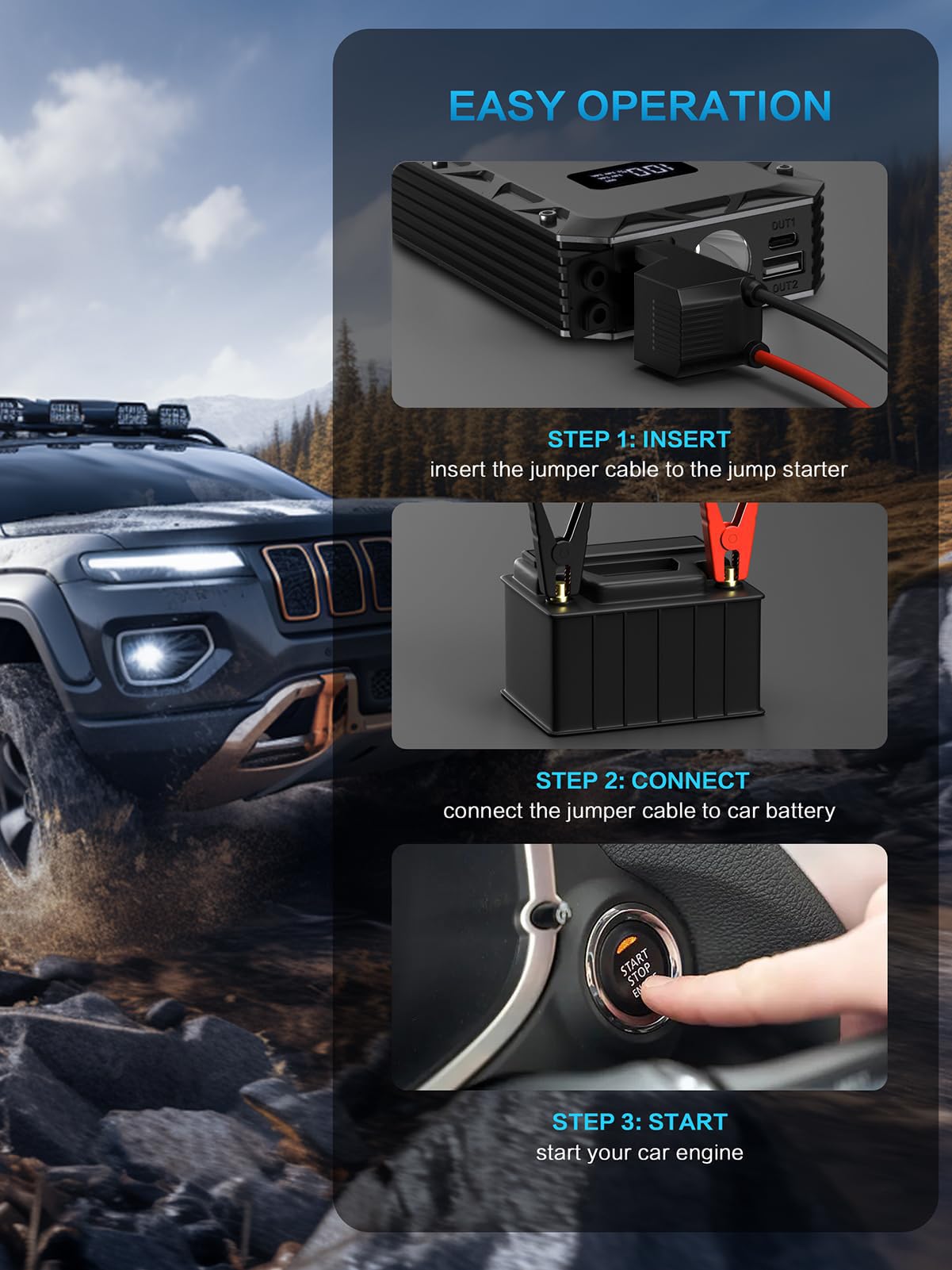 LATIT 2000A Peak Car Jump Starter, 20000mAh 12V Booster Pack Jump Starter for Up to 7.5L Gas/6.5L Diesel Engine, Powerful Jump Starter Battery Pack with Smart Jumper Cable, LED Light and LCD Display