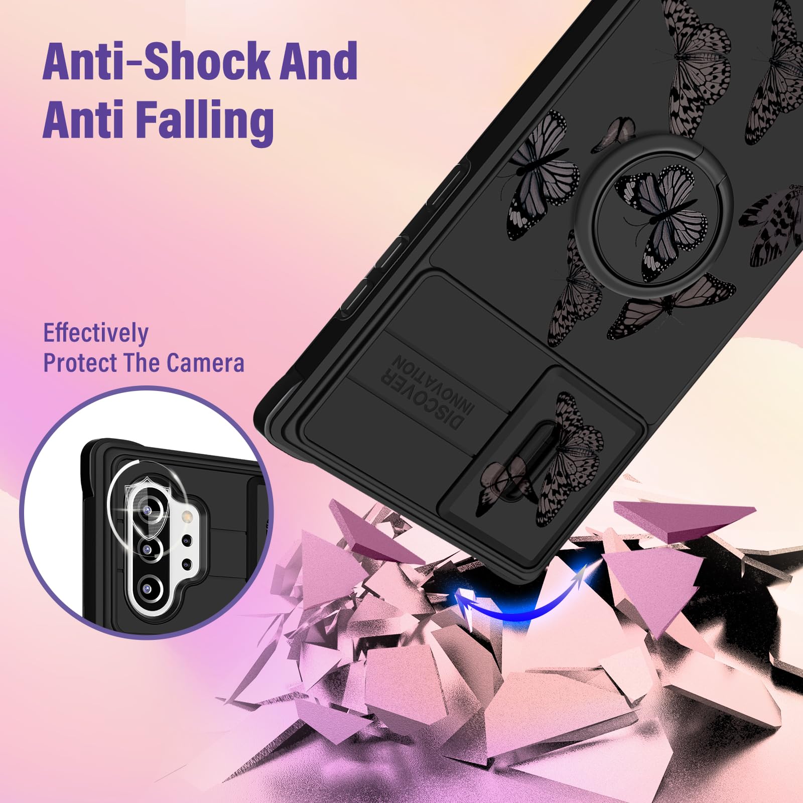 Funermei (2in1 for Samsung Galaxy Note 10 Plus Phone Case for Women Butterfly Cute Girls Cover Girly Pretty Black Butterfly Design with Camera Cover and Ring Stand Funda for Galaxy Note 10 Plus Case