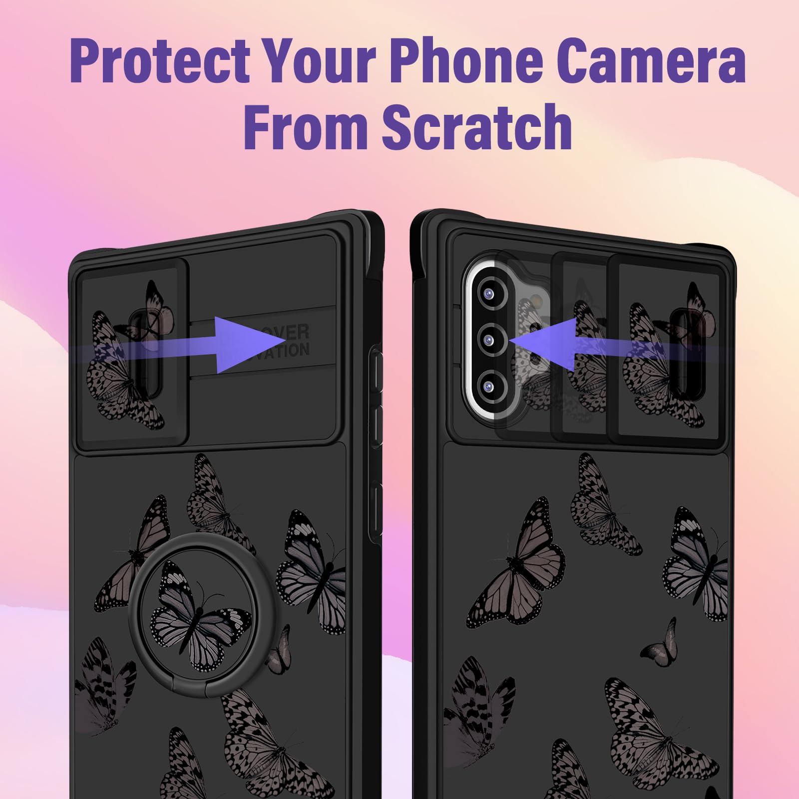 Funermei (2in1 for Samsung Galaxy Note 10 Plus Phone Case for Women Butterfly Cute Girls Cover Girly Pretty Black Butterfly Design with Camera Cover and Ring Stand Funda for Galaxy Note 10 Plus Case