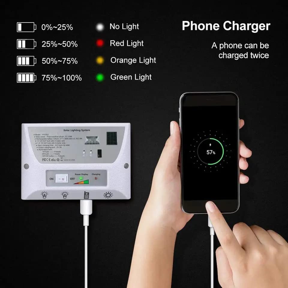 Home Solar Lighting System Mini Kit with Mobile Phone Charging Capability USB Charger for Home- for Camping- for RV 5W 5V (Includes 2 Low Watt Light Bulbs)