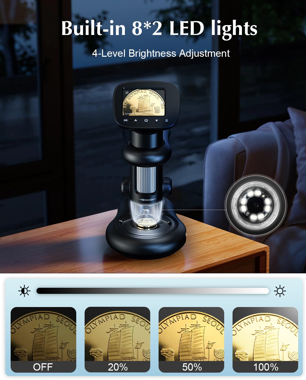 Sagefidere Handheld Digital Microscope with 2" LCD Screen,1000X Pocket Microscope for Kids with 8 LED Lights,Portable Microscope for Adults with Stand 32GB Memory Card
