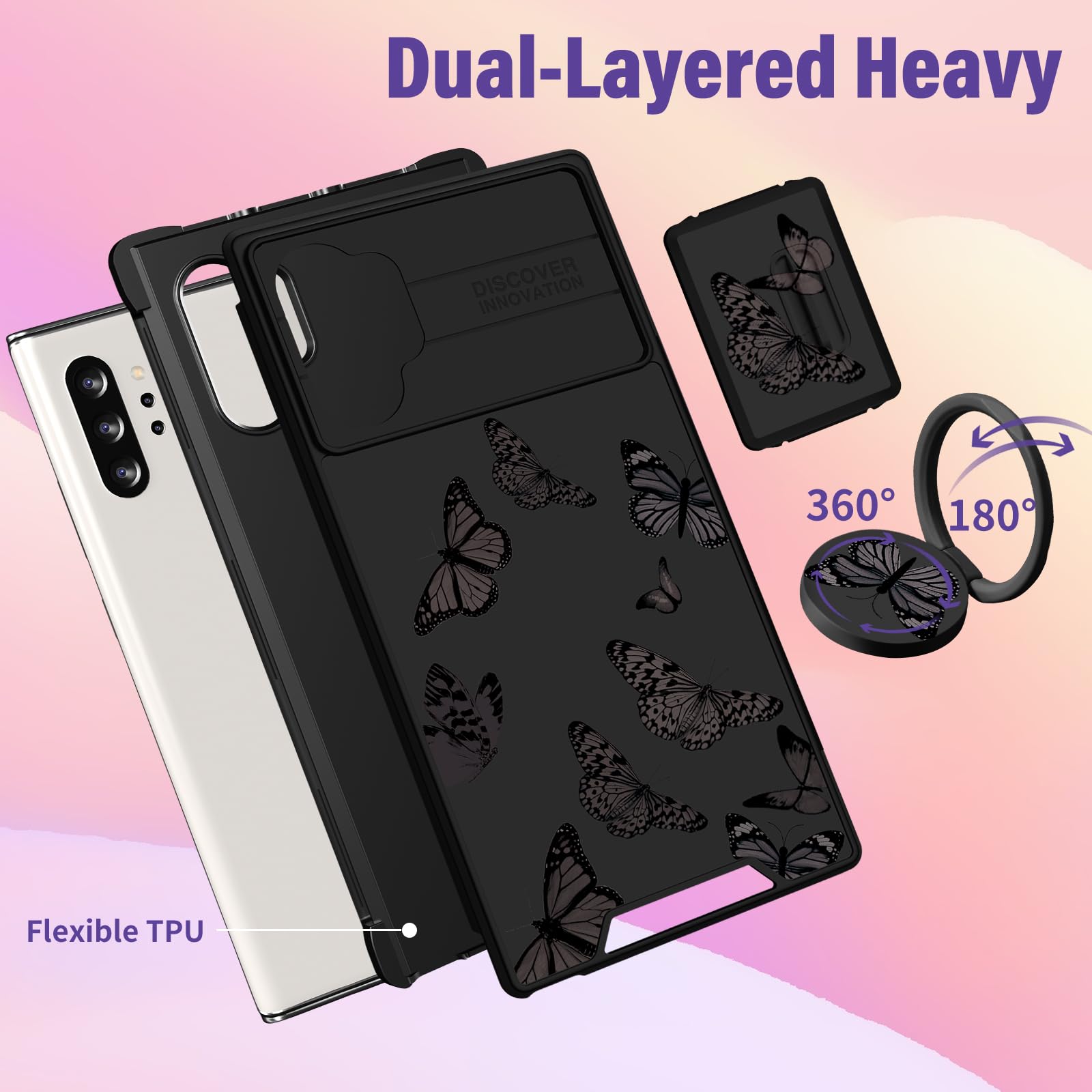 Funermei (2in1 for Samsung Galaxy Note 10 Plus Phone Case for Women Butterfly Cute Girls Cover Girly Pretty Black Butterfly Design with Camera Cover and Ring Stand Funda for Galaxy Note 10 Plus Case