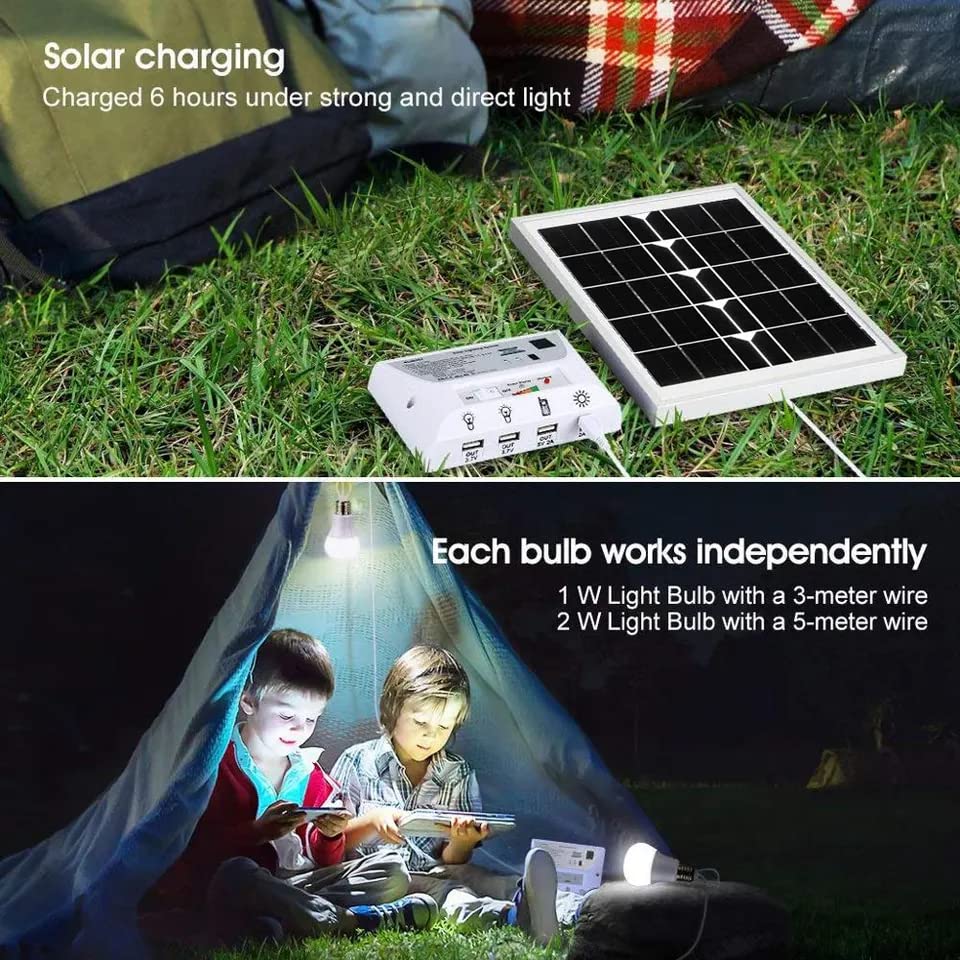 Home Solar Lighting System Mini Kit with Mobile Phone Charging Capability USB Charger for Home- for Camping- for RV 5W 5V (Includes 2 Low Watt Light Bulbs)