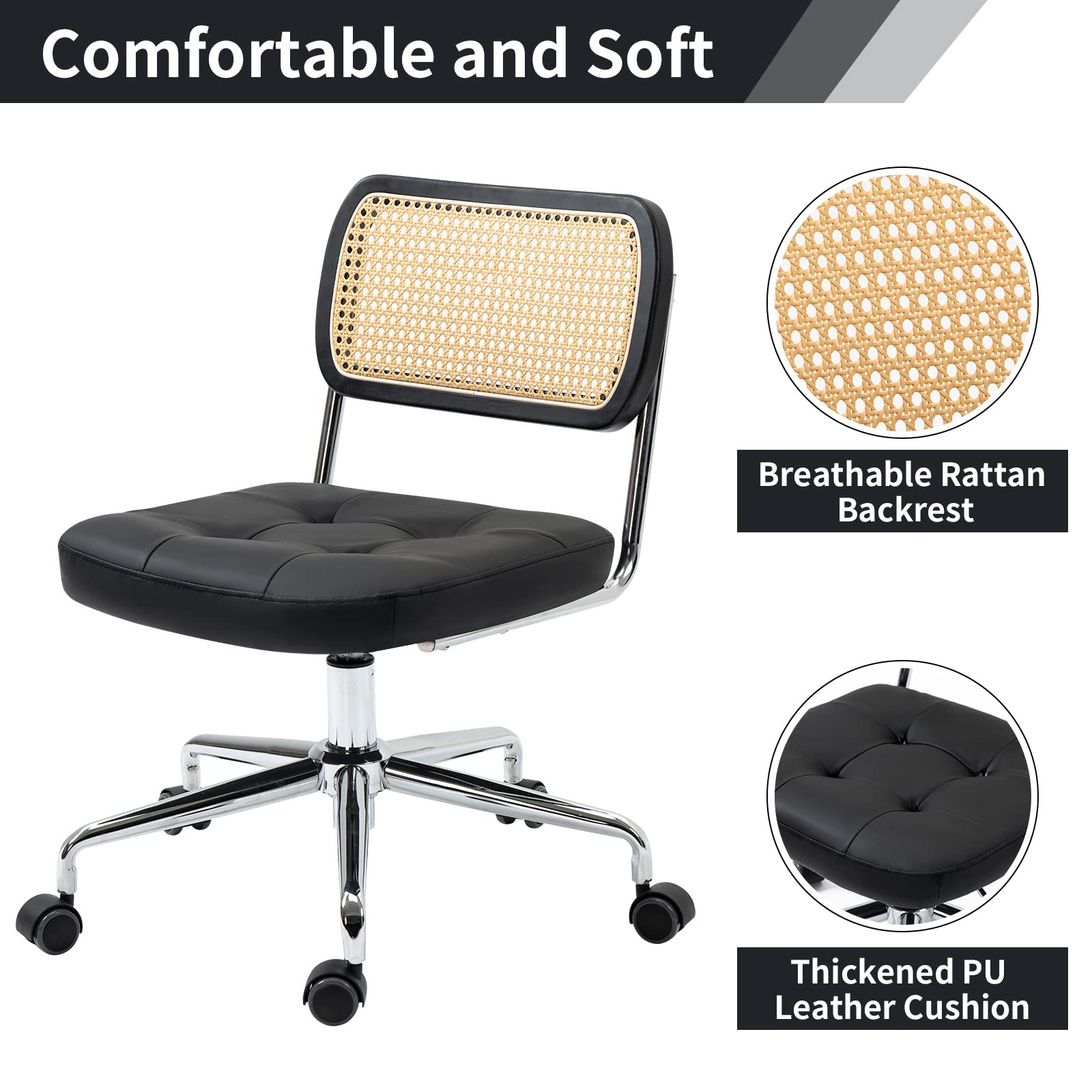 Newnno Mid Century Modern Home Office Chair with Wheels, Armless Leather Desk Chair Rattan Chair, Upholstered Adjustable Height Task Chair Swivel Computer Chair, Black
