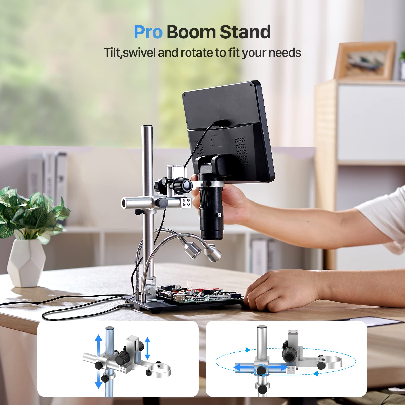 TOMLOV DM602 Pro 10.1" HDMI Digital Microscope 2000x, Pro Boom Arm Stand, LCD Soldering Microscope with 3 Lens, Adults Microscope for Electronics Repair, Coin Microscope Ring Light, PC Compatible, 64G