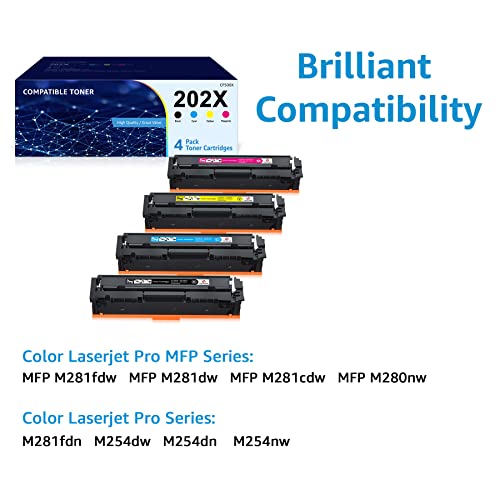 HOTOINK 202X Toner Cartridge 4 Pack Compatible Replacement for HP 202X 202A CF500X CF500A Color Pro MFP M281fdw M281cdw M254dw M281fdn 281fdw M254 M281 Toner Printer (Black Cyan Yellow Magenta)