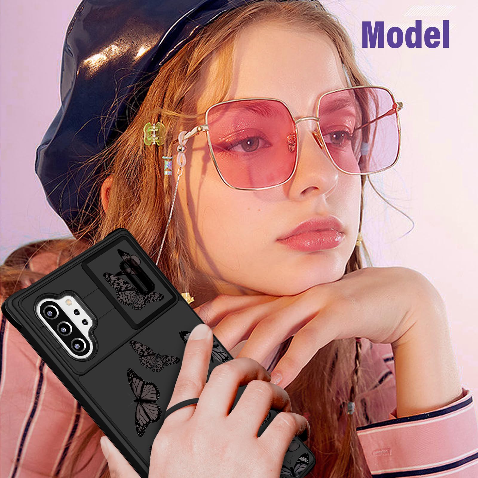 Funermei (2in1 for Samsung Galaxy Note 10 Plus Phone Case for Women Butterfly Cute Girls Cover Girly Pretty Black Butterfly Design with Camera Cover and Ring Stand Funda for Galaxy Note 10 Plus Case