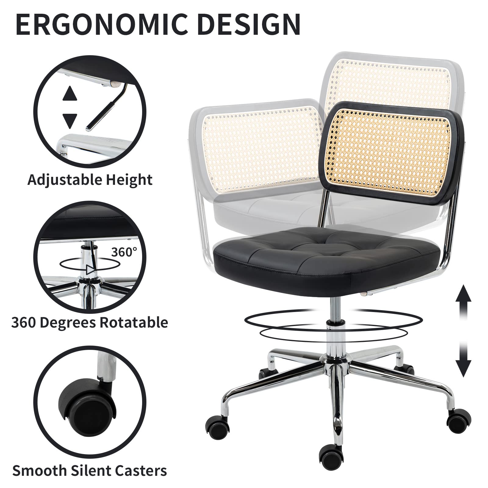 Newnno Mid Century Modern Home Office Chair with Wheels, Armless Leather Desk Chair Rattan Chair, Upholstered Adjustable Height Task Chair Swivel Computer Chair, Black