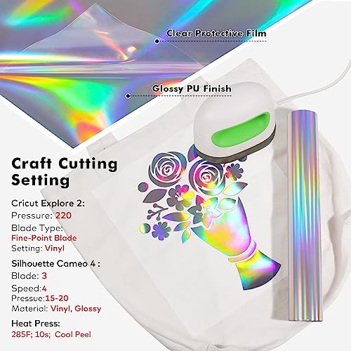 Gatichetta Metallic Heat Transfer Vinyl Roll, Holographic Silver Iron On 12" X 15ft Foil HTV Vinyl for Garments T-Shirts