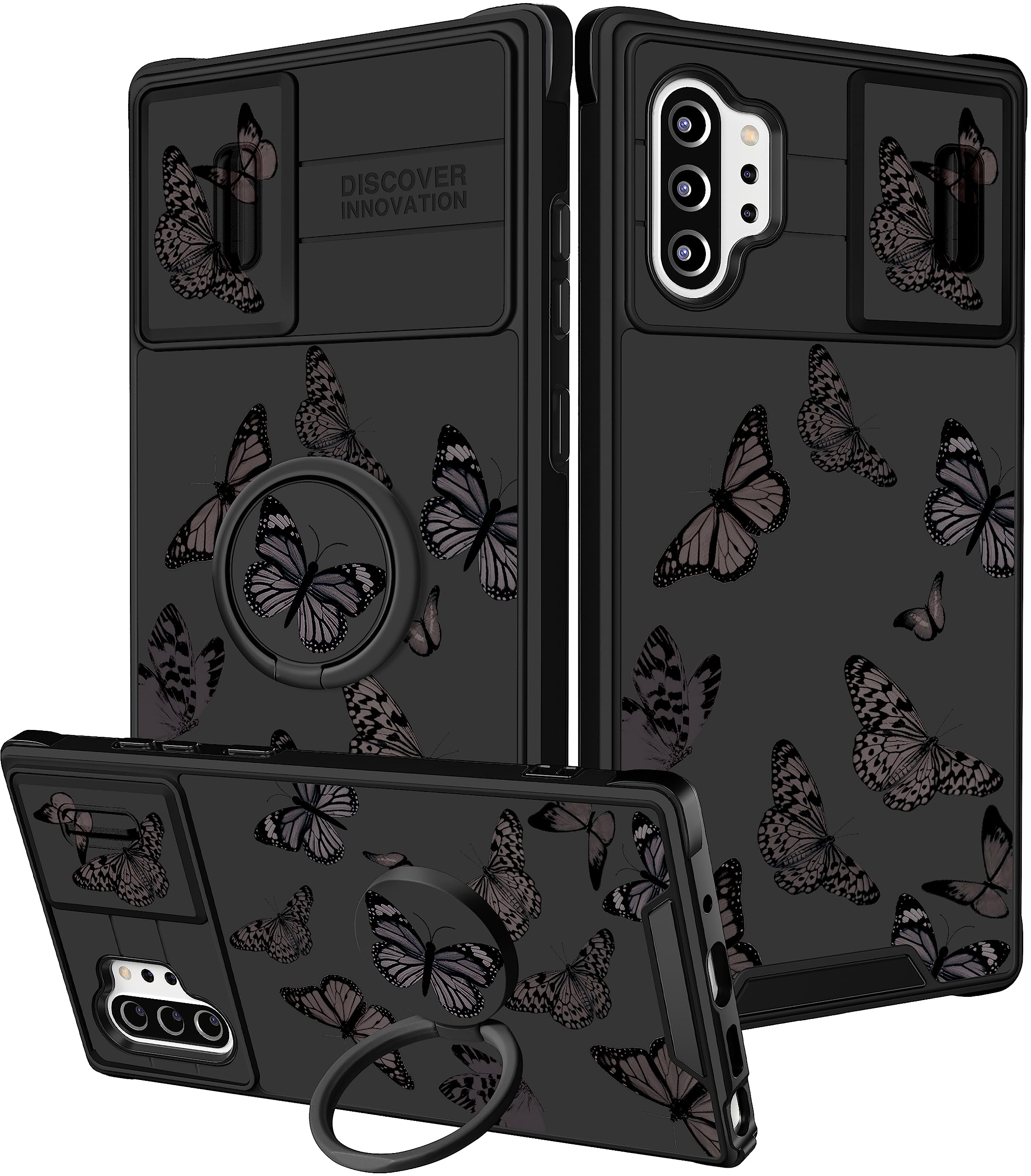 Funermei (2in1 for Samsung Galaxy Note 10 Plus Phone Case for Women Butterfly Cute Girls Cover Girly Pretty Black Butterfly Design with Camera Cover and Ring Stand Funda for Galaxy Note 10 Plus Case