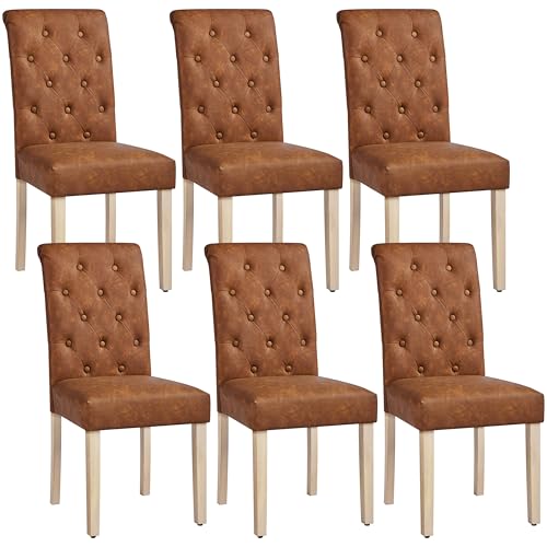 Yaheetech Upholstered Parsons Dining Chairs Set of 6, Faux Leather Button Tufted Chairs with High Back & Padded Seat & Solid Wood Legs for Kitchen Living Room Lounge, Retro Brown