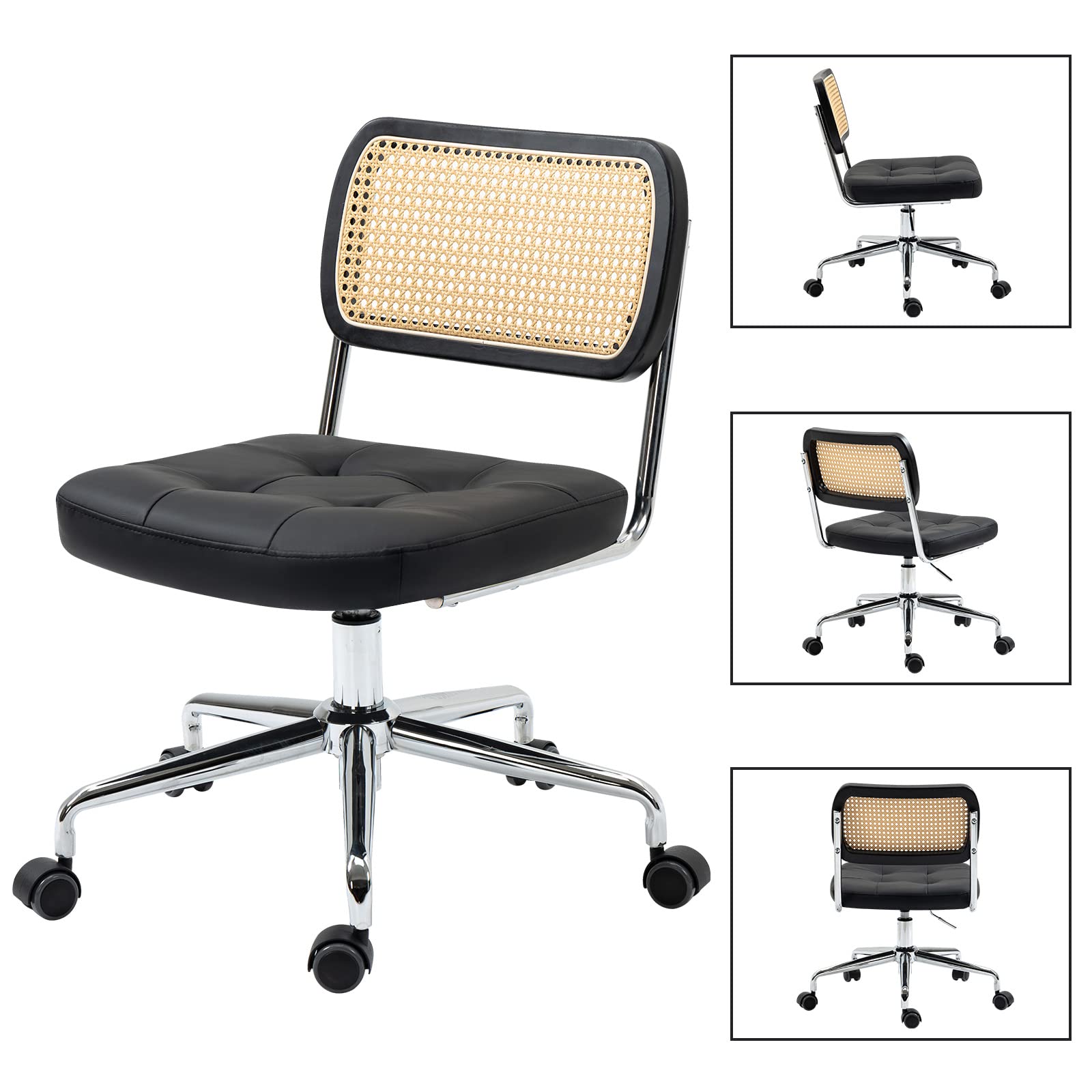 Newnno Mid Century Modern Home Office Chair with Wheels, Armless Leather Desk Chair Rattan Chair, Upholstered Adjustable Height Task Chair Swivel Computer Chair, Black