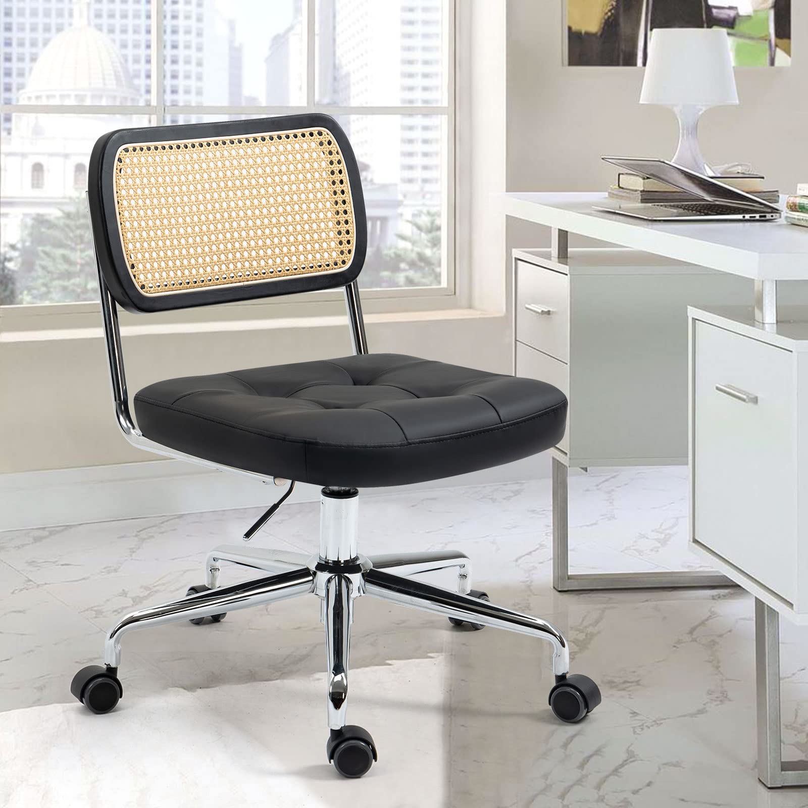 Newnno Mid Century Modern Home Office Chair with Wheels, Armless Leather Desk Chair Rattan Chair, Upholstered Adjustable Height Task Chair Swivel Computer Chair, Black