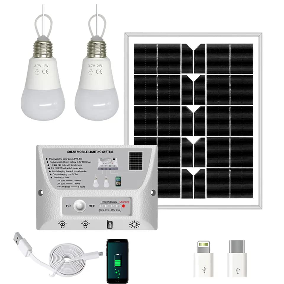 Home Solar Lighting System Mini Kit with Mobile Phone Charging Capability USB Charger for Home- for Camping- for RV 5W 5V (Includes 2 Low Watt Light Bulbs)