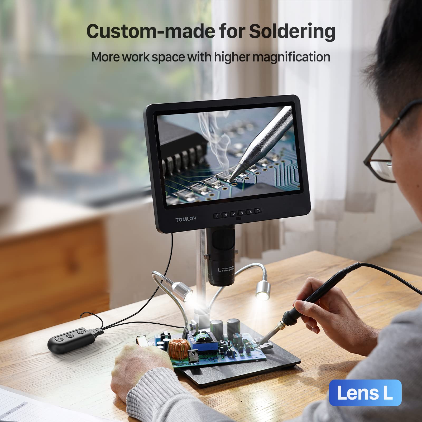 TOMLOV DM602 Pro 10.1" HDMI Digital Microscope 2000x, Pro Boom Arm Stand, LCD Soldering Microscope with 3 Lens, Adults Microscope for Electronics Repair, Coin Microscope Ring Light, PC Compatible, 64G