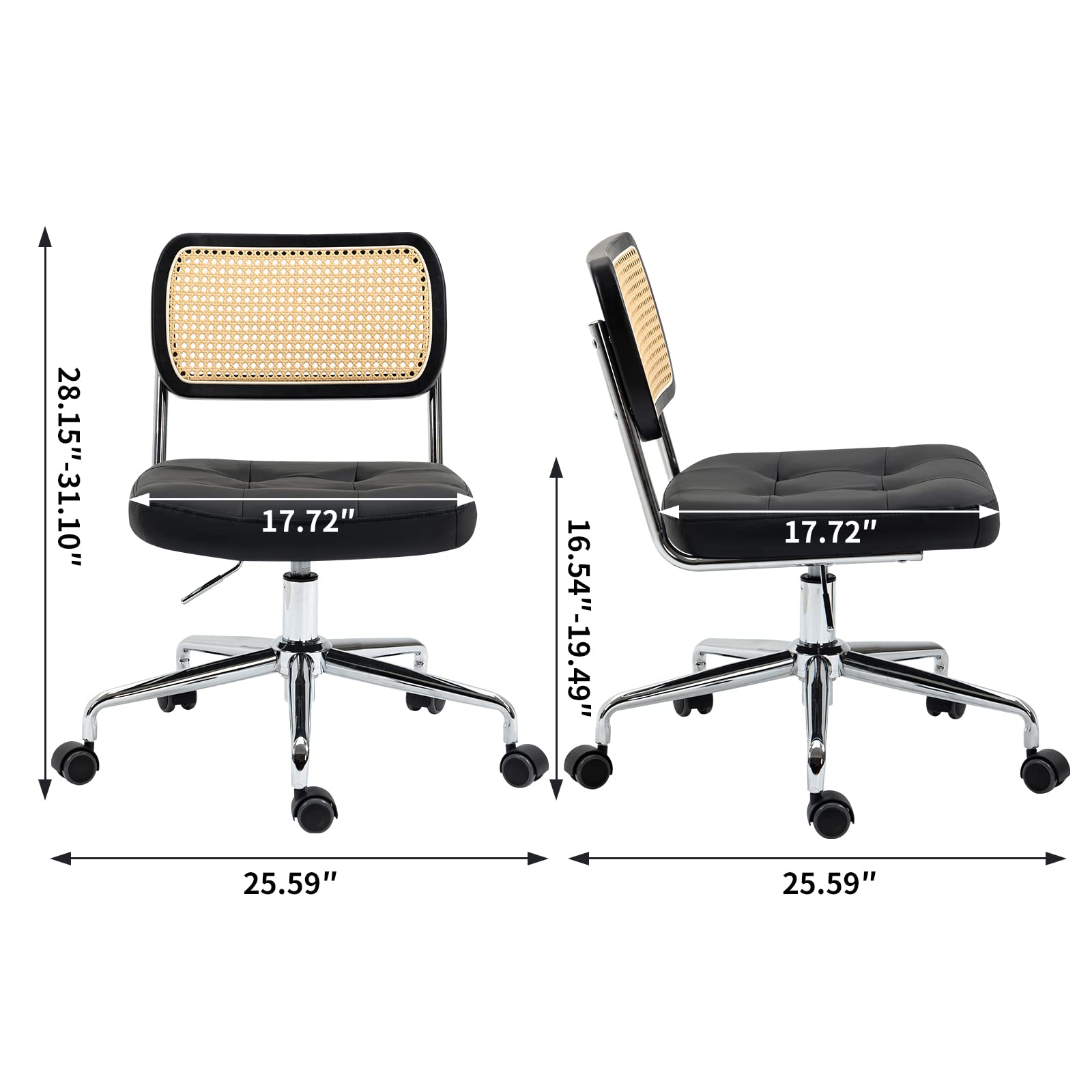 Newnno Mid Century Modern Home Office Chair with Wheels, Armless Leather Desk Chair Rattan Chair, Upholstered Adjustable Height Task Chair Swivel Computer Chair, Black