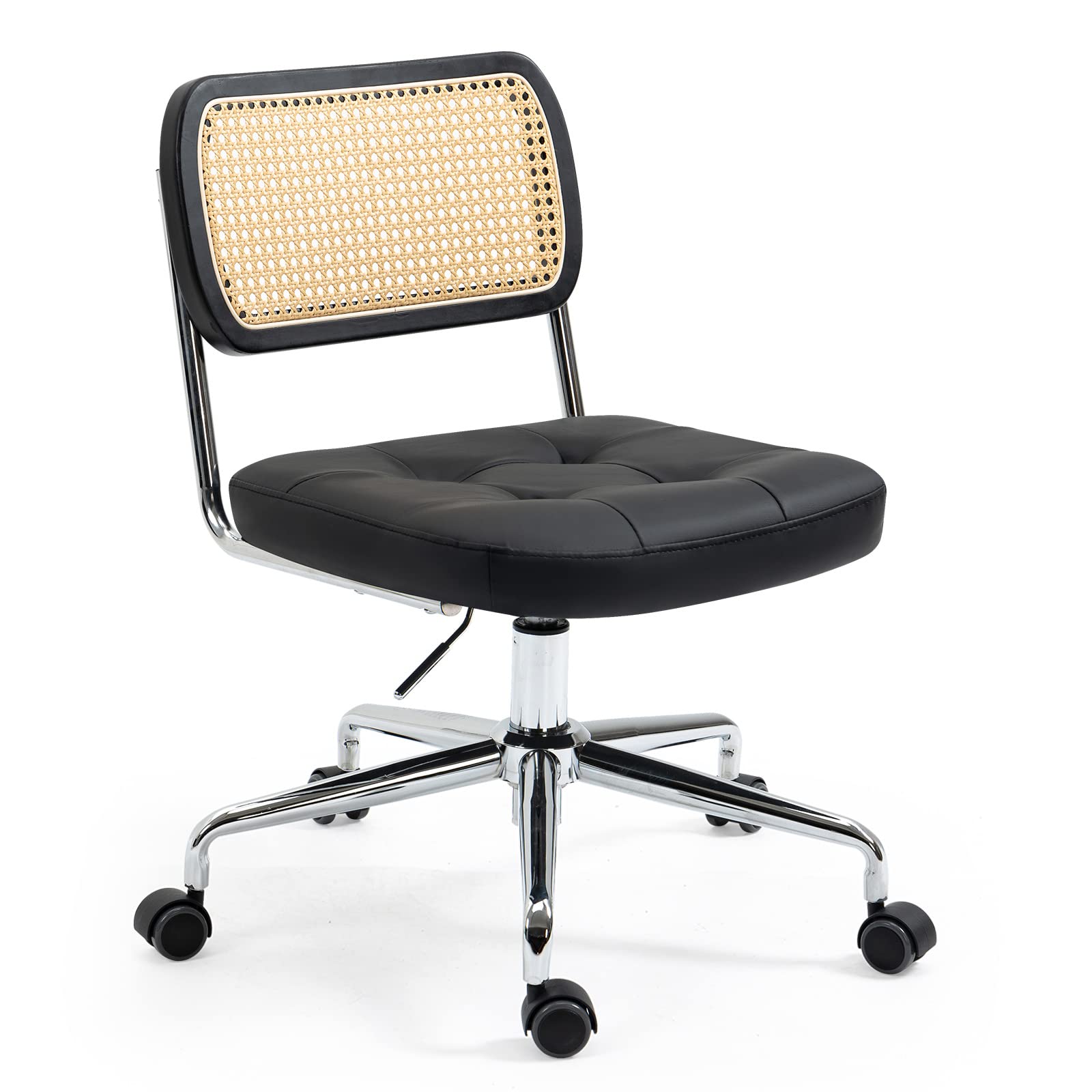 Newnno Mid Century Modern Home Office Chair with Wheels, Armless Leather Desk Chair Rattan Chair, Upholstered Adjustable Height Task Chair Swivel Computer Chair, Black