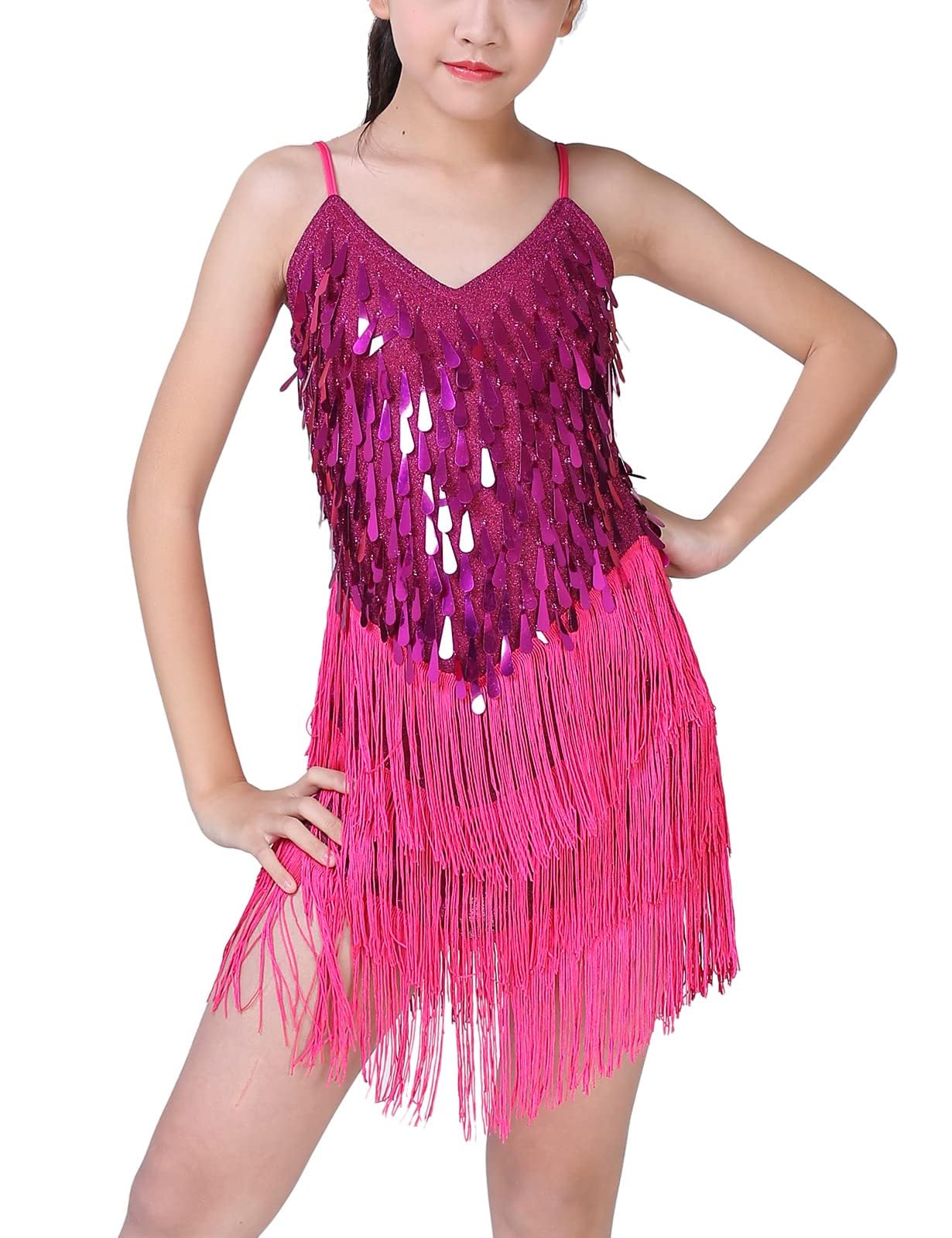 Latin Dance Dress Tassel Salsa Dancewear Sequin Fringe Dress Modern Ballroom Cha Cha Dancer Outfits for Girls (US, Age, 8 Years, 9 Years, Rose)