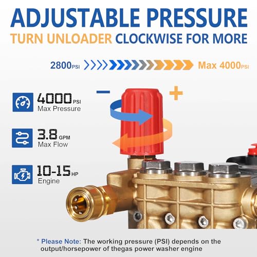 TOOLCY Pressure Washer Pump 3600-4000 PSI Max 4.4 GPM, 1 inch Shaft Horizontal Triplex Plunger Power Washer Pump Replacement, Direct Drive Pressure Pump with Unloader, 5 Nozzle Tips, M22-14mm Adapter