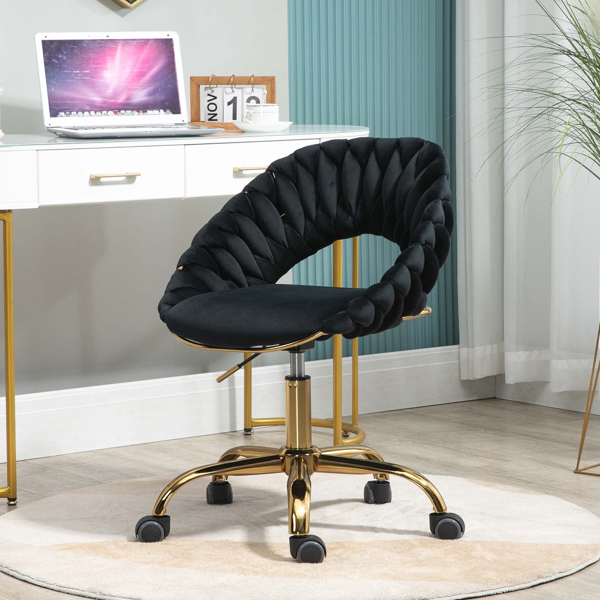 Olela Modern Velvet Armless Swivel Task Chair, Black+Velvet, Office, Living Room, Bedroom, 250 Pound Capacity, Fixed Height, Indoor Use