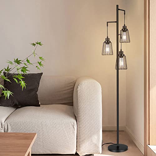 Dimmable Floor Lamp, 3 Edison Bulbs Included, 3-Light Farmhouse Industrial Standing Tree Lamp Industrial Floor Lamp with Elegant Teardrop Cage Heads Tall Lamps for Bedroom Office Dining Room