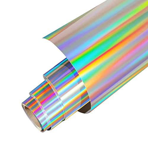 Gatichetta Metallic Heat Transfer Vinyl Roll, Holographic Silver Iron On 12" X 15ft Foil HTV Vinyl for Garments T-Shirts