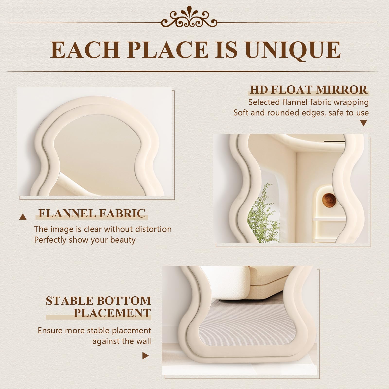 ABSWHLM Arched Full Length Mirror 63"x24" Irregular Wavy Mirror with Flannel Wrapped Wood Frame Floor Mirror for Living Room, Bedroom Hanging or Leaning Wall-Mounted, Milk White