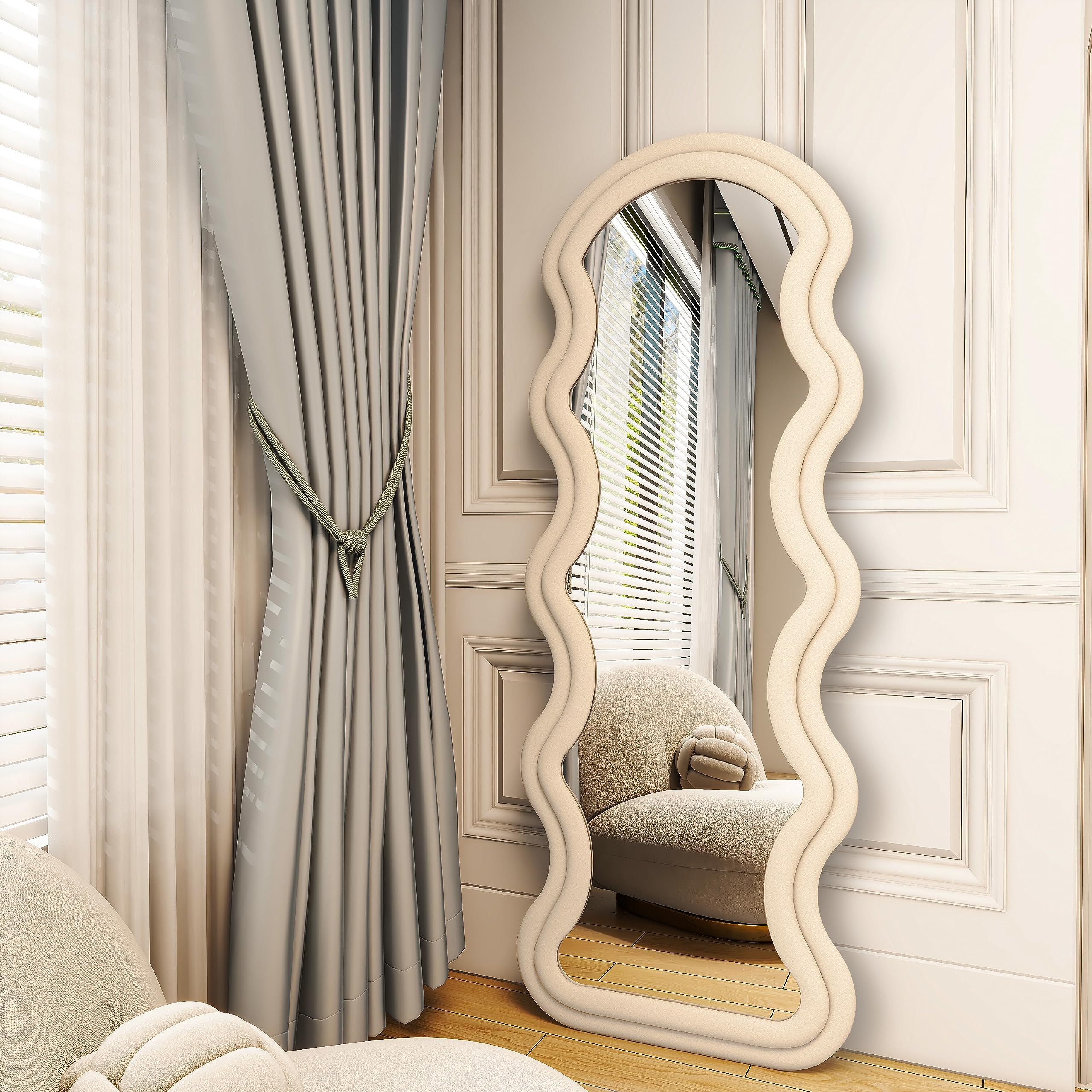 ABSWHLM Arched Full Length Mirror 63"x24" Irregular Wavy Mirror with Flannel Wrapped Wood Frame Floor Mirror for Living Room, Bedroom Hanging or Leaning Wall-Mounted, Milk White