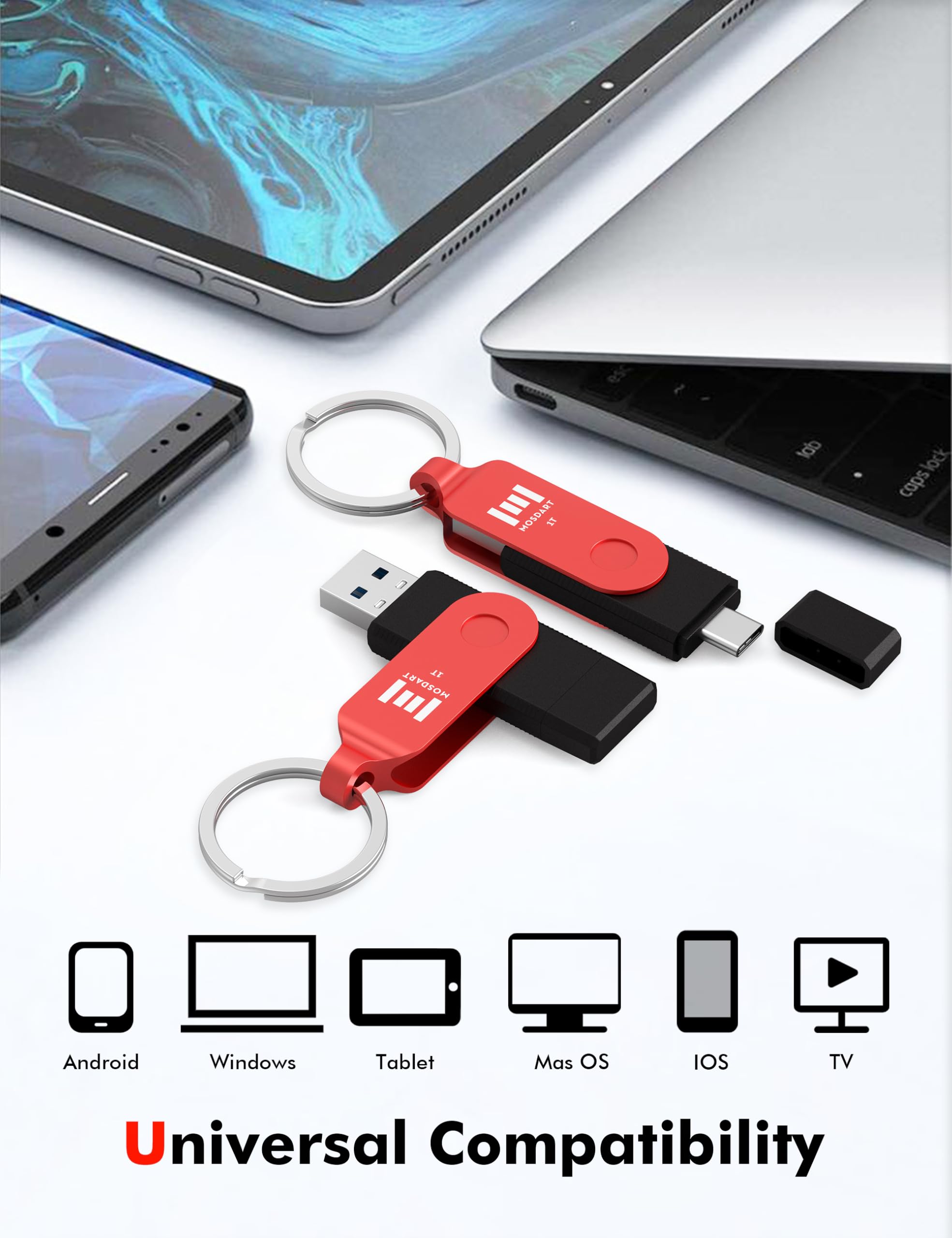 MOSDART 1TB USB3.1 Fast Speed C and A Dual Flash Drive, exFAT Memory Stick with Keychain and LED Indicator, for iPhone 15 and 16, Android Phone, iPad, MacBook, and Other Laptops, Red