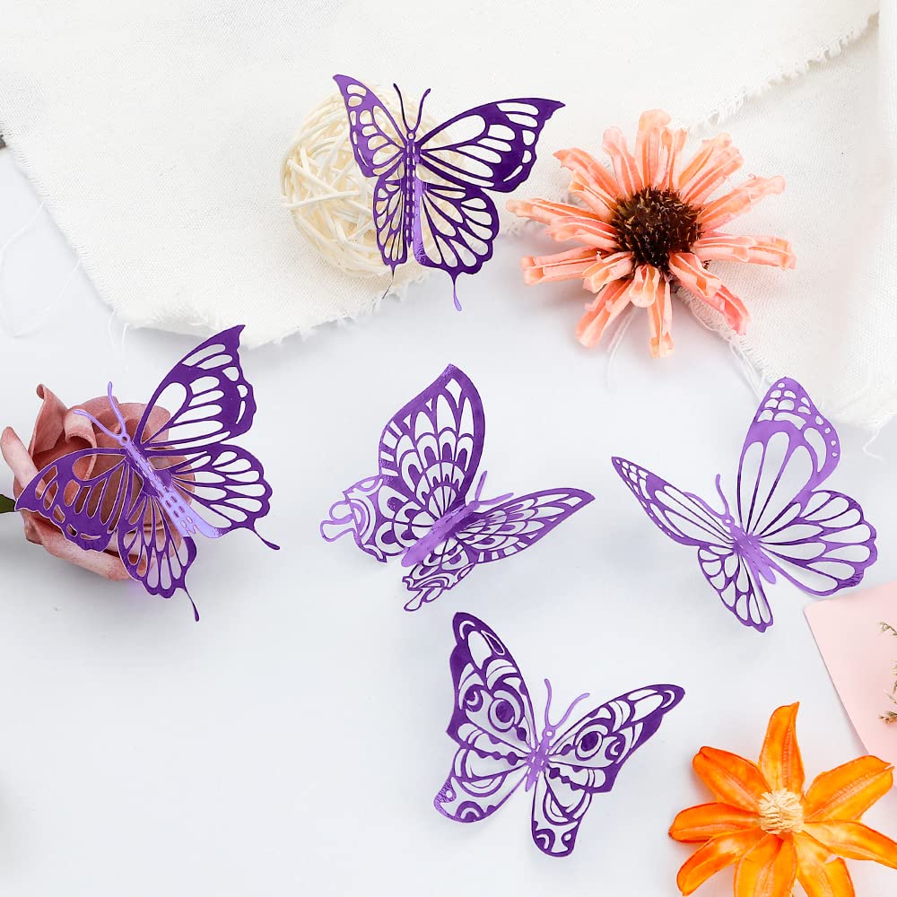 72pcs 3D Butterfly Wall Decor Stickers, Purple Butterfly Party Decorations - 4 Styles, 3 Sizes