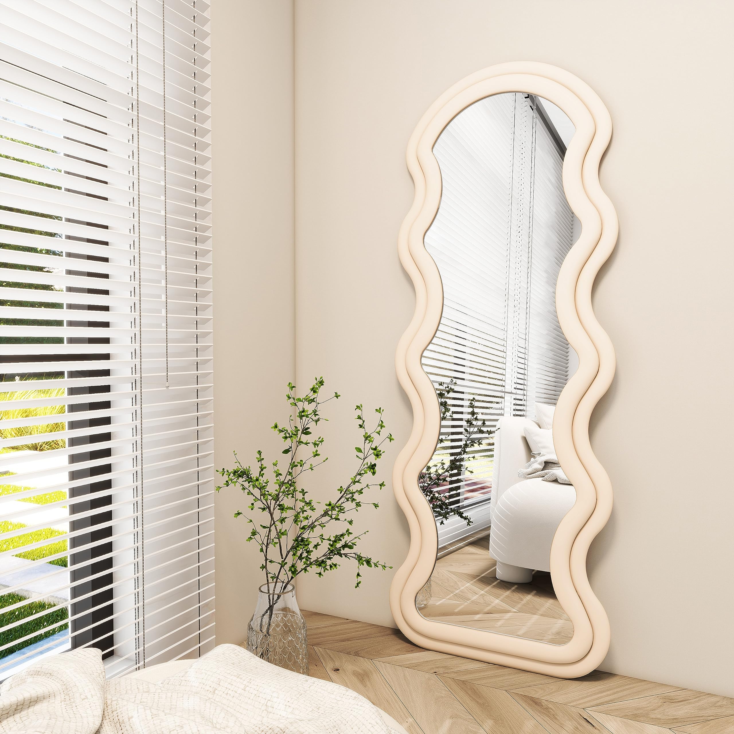 ABSWHLM Arched Full Length Mirror 63"x24" Irregular Wavy Mirror with Flannel Wrapped Wood Frame Floor Mirror for Living Room, Bedroom Hanging or Leaning Wall-Mounted, Milk White