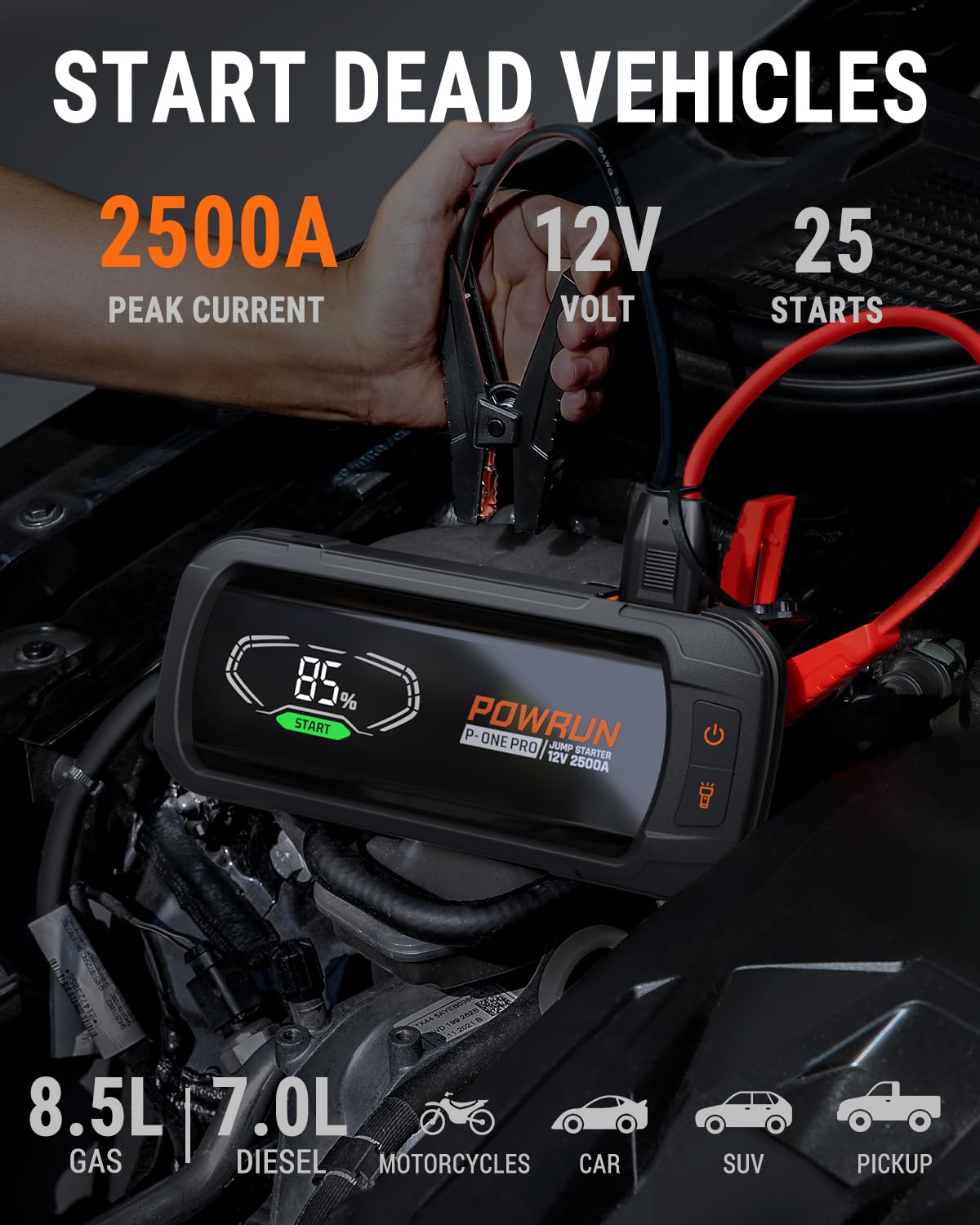 Powrun P-ONE PRO Jump Starter - 2500A Portable Jump Box for 8.5L Gas and 7.0L Diesel Engines, 12V Car Battery Pack With Carry Case