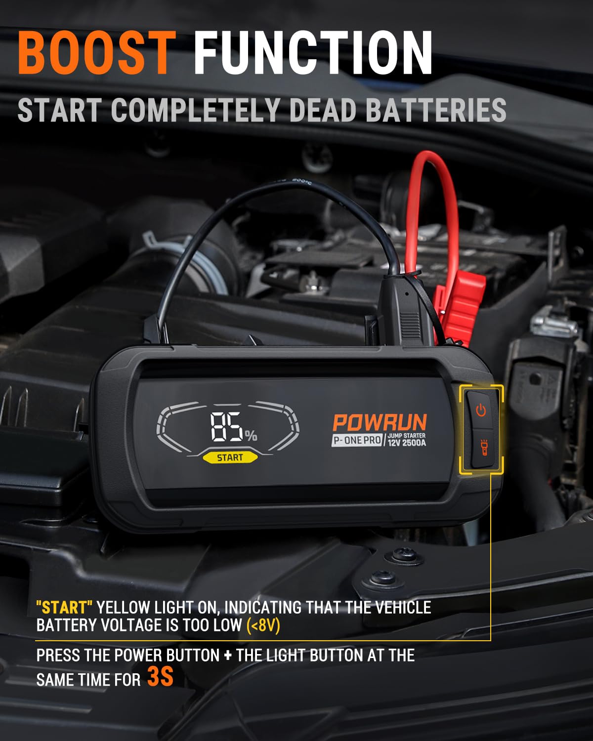Powrun P-ONE PRO Jump Starter - 2500A Portable Jump Box for 8.5L Gas and 7.0L Diesel Engines, 12V Car Battery Pack With Carry Case