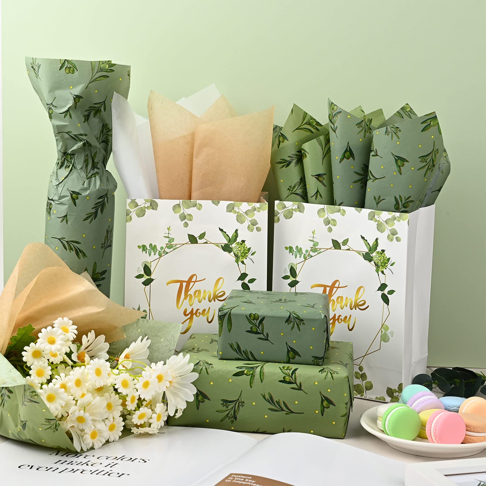 Bolsome 50 Sheets 20x14in Olive Leaf Tissue Paper, Green Wrap Tissue, Greenery Bontanical Tissue Paper for Boho Vibe Gift Bags Boho Plant Tissue for Baby Shower Birthday Wedding Party DIY Craft